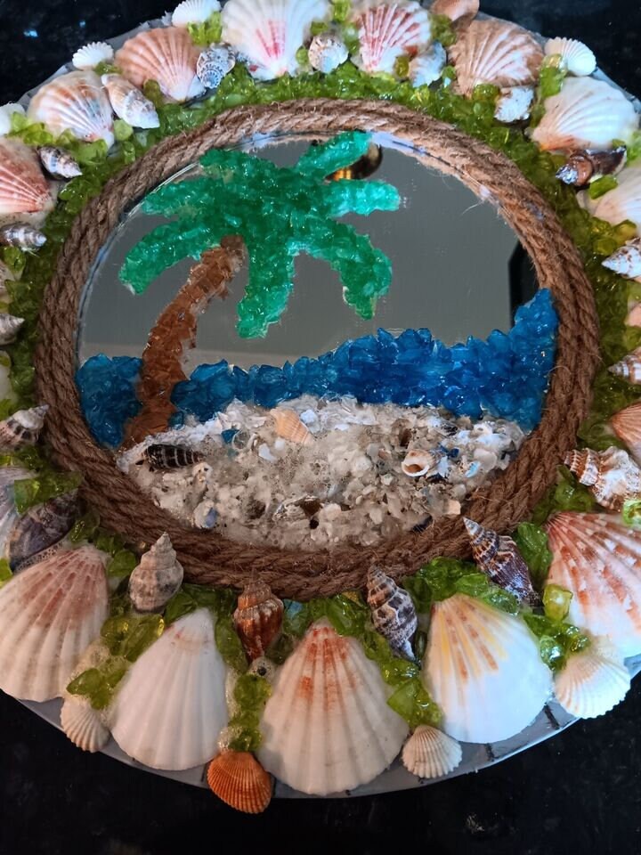 Handmade Crushed Glass Palm Tree, Shells, Ocean, Beach on Mirror Wall ...