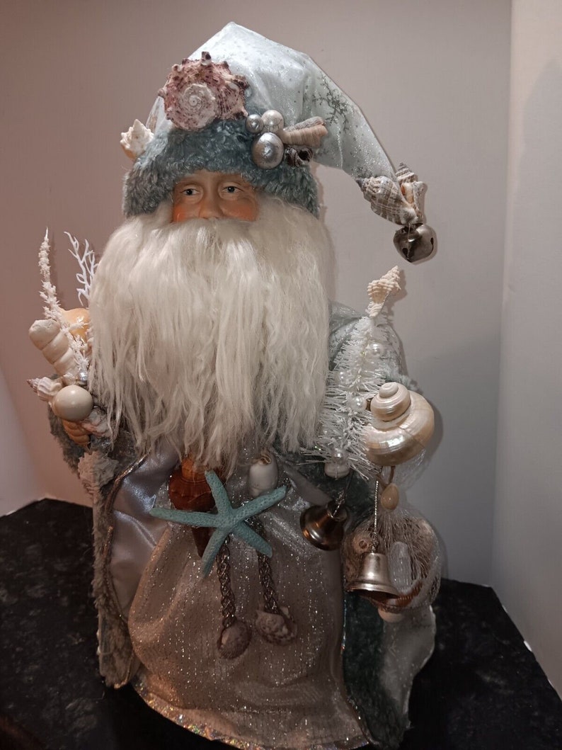 16 Coastal Santa Claus Christmas Decor, Hand Decorated, Greenish Blue ...