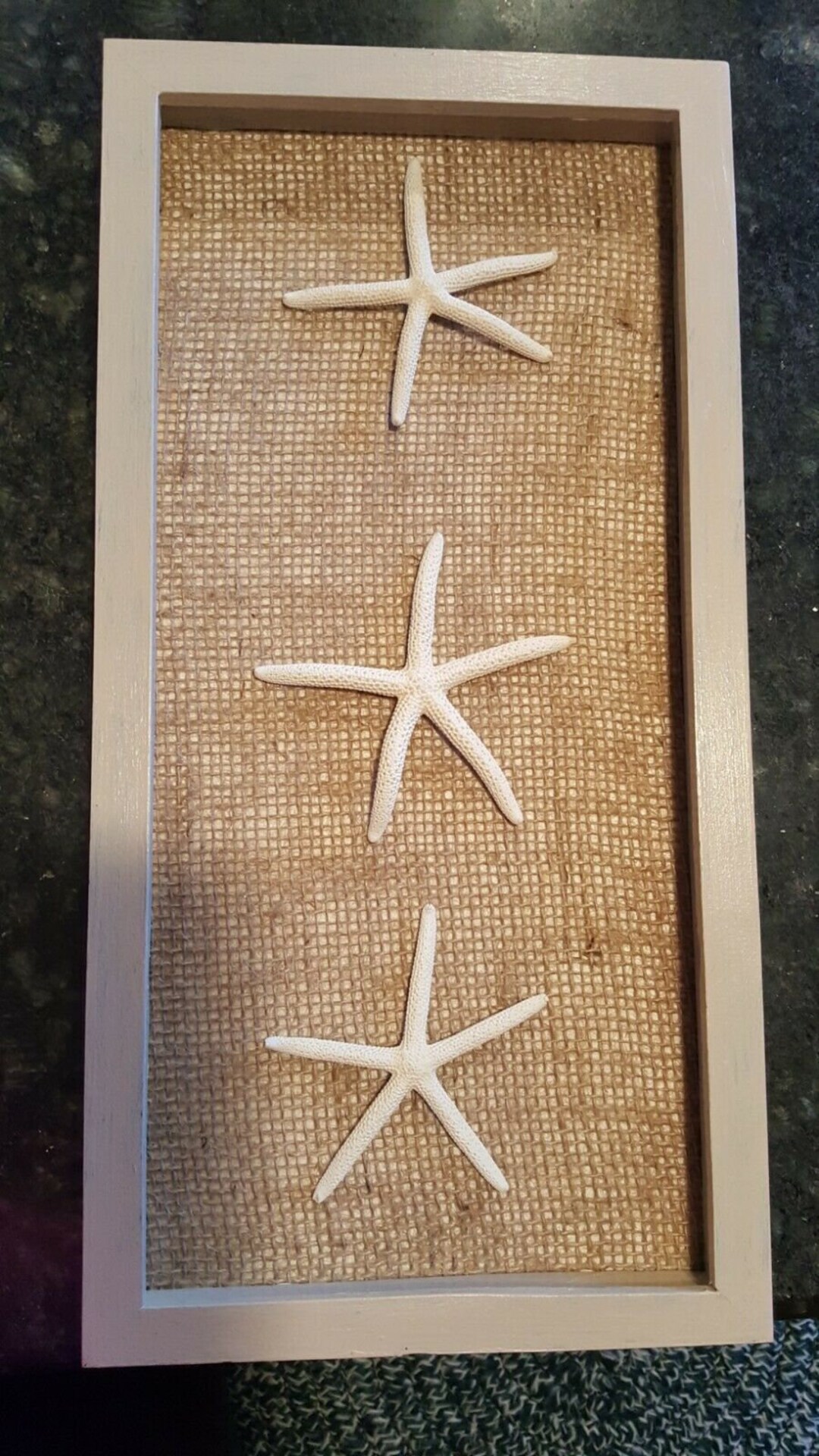 Handcrafted Shadow Box W/ 3 Starfish on Burlap, Beige Wooden Frame, No ...