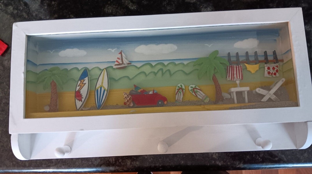 Vntg Shadow Box on the Beach Coat Rack, 3D W/ Sand, Surf Boards, Dune ...