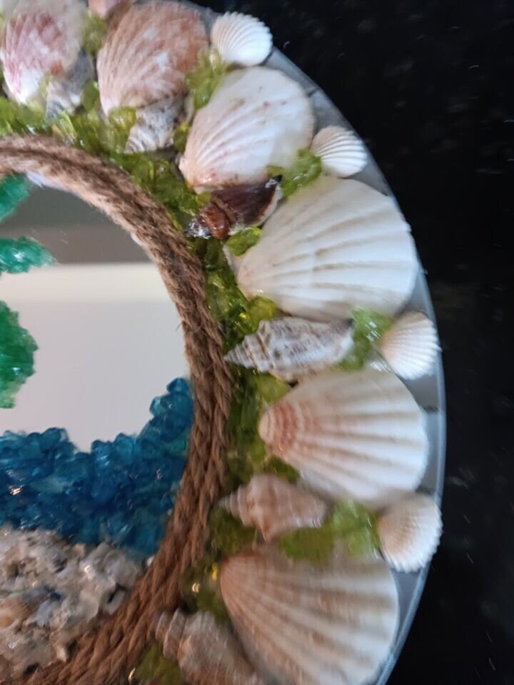 Handmade Crushed Glass Palm Tree, Shells, Ocean, Beach on Mirror Wall ...