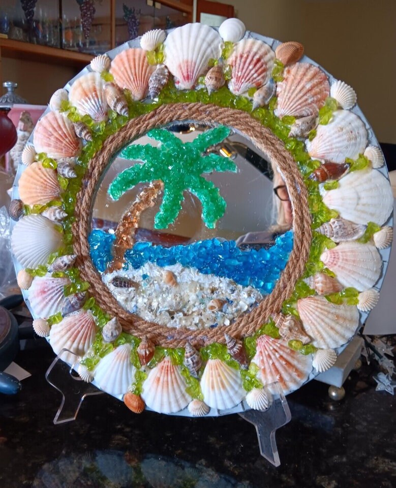 Handmade Crushed Glass Palm Tree, Shells, Ocean, Beach on Mirror Wall ...