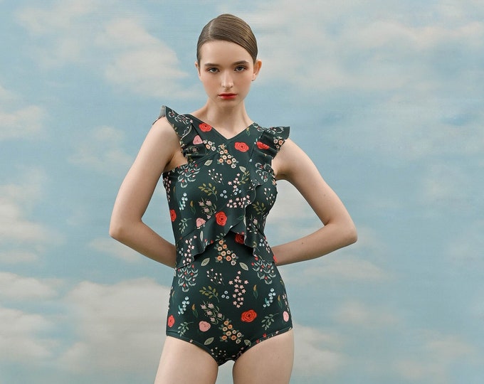 Vintage Swimsuit, One Piece Swimsuit, 1950s Swimsuit, Tulips Pattern ...