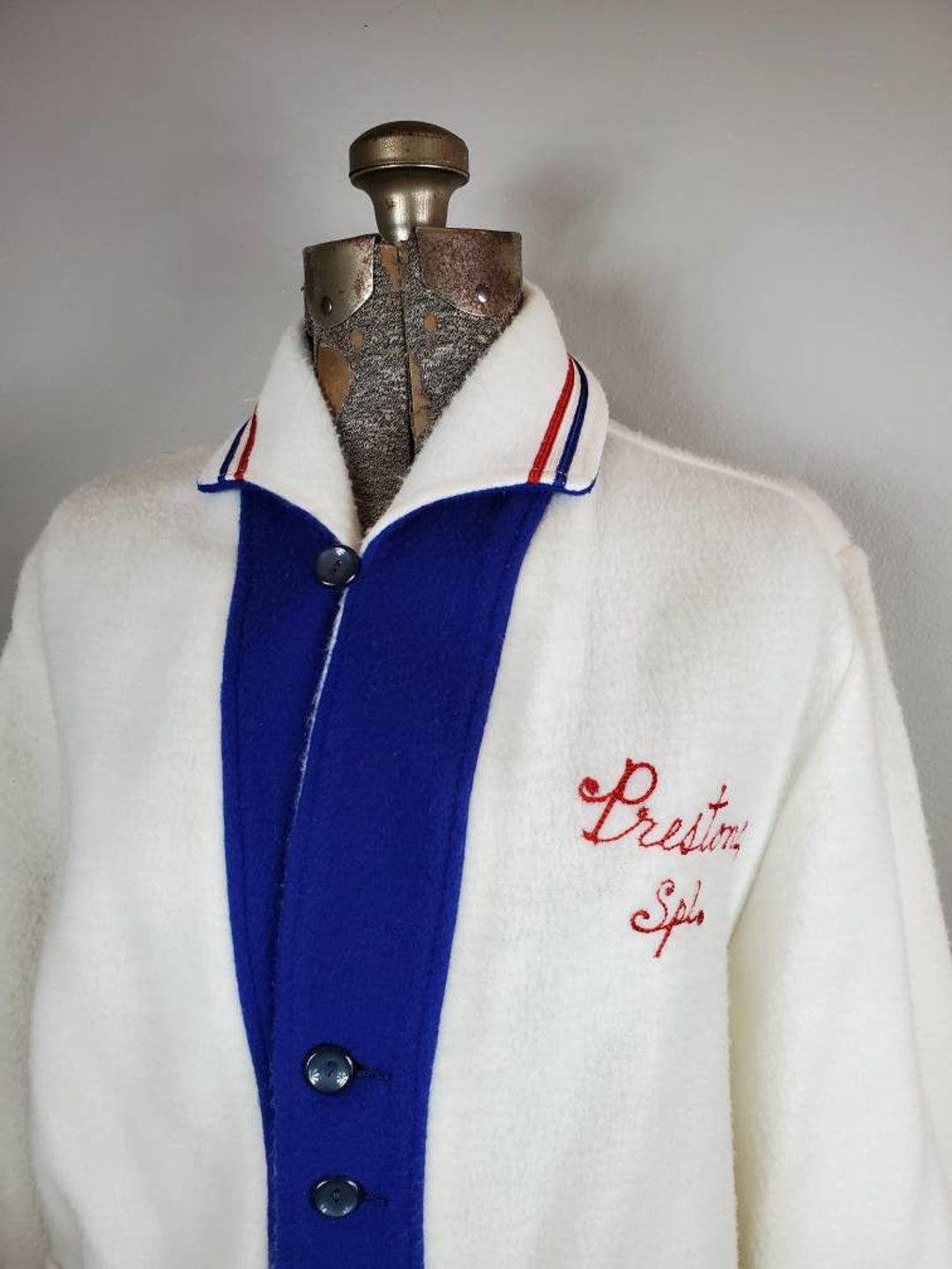 Vintage 50s / 60s Butwin Red, White & Blue Fleece Button Front Cardigan ...