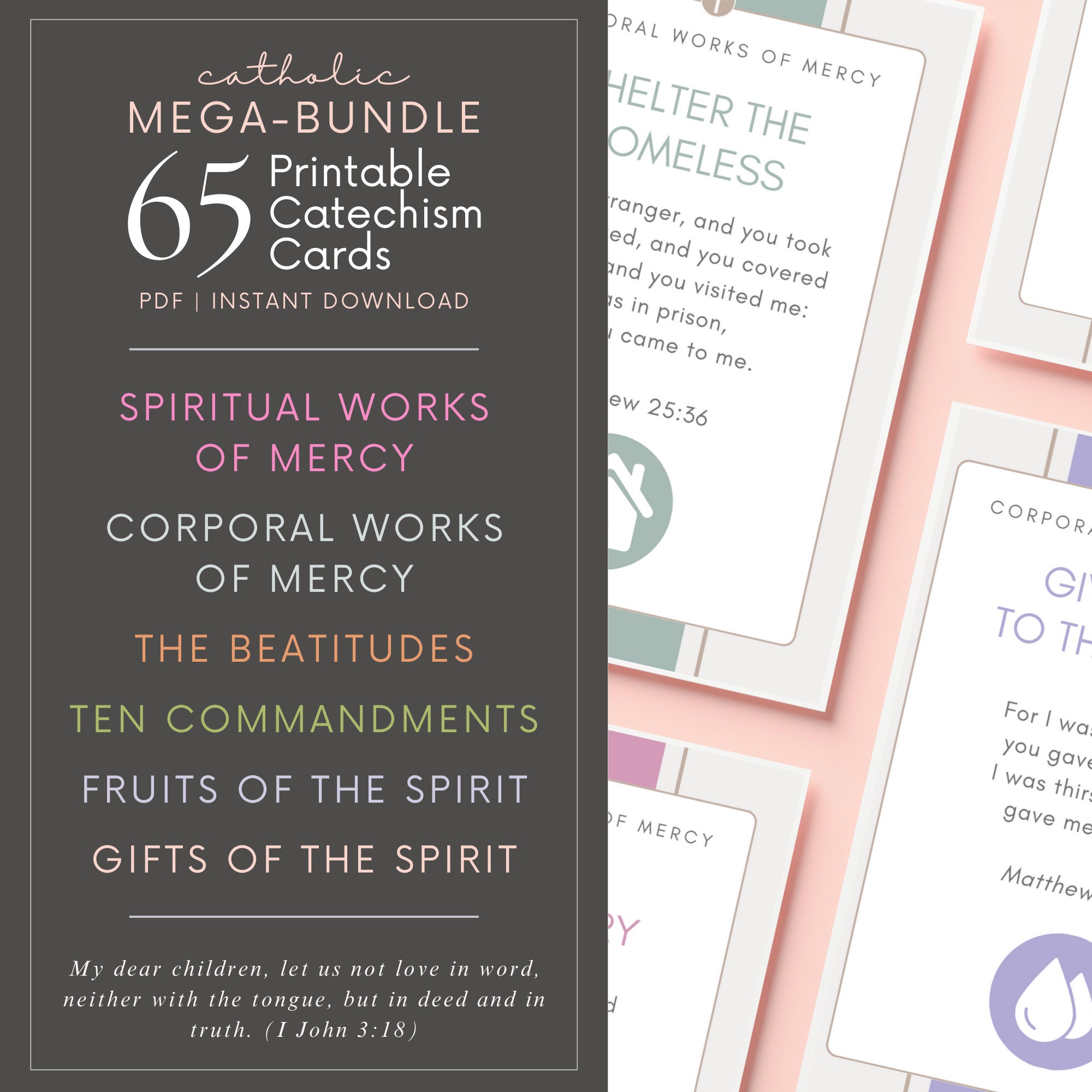 Printable Catechism Cards Catholic Mega-bundle 65 Works of Mercy 10 ...