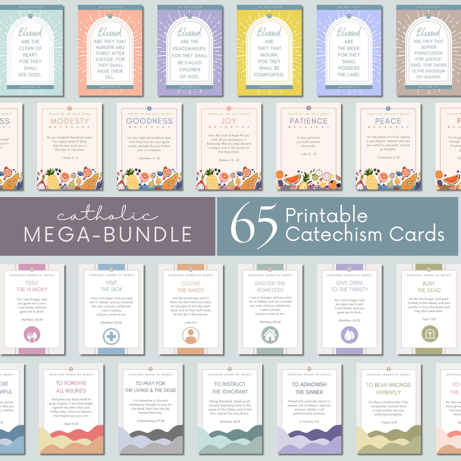 Printable Catechism Cards Catholic Mega-bundle 65 | Works of Mercy | 10 ...