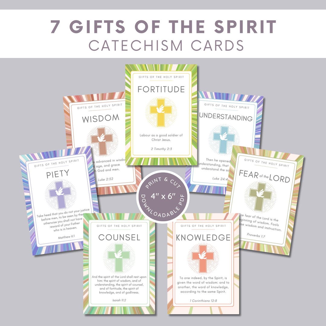 7 Gifts of the Holy Spirit Catechism Cards | Bible Verse | Virtue Cards ...