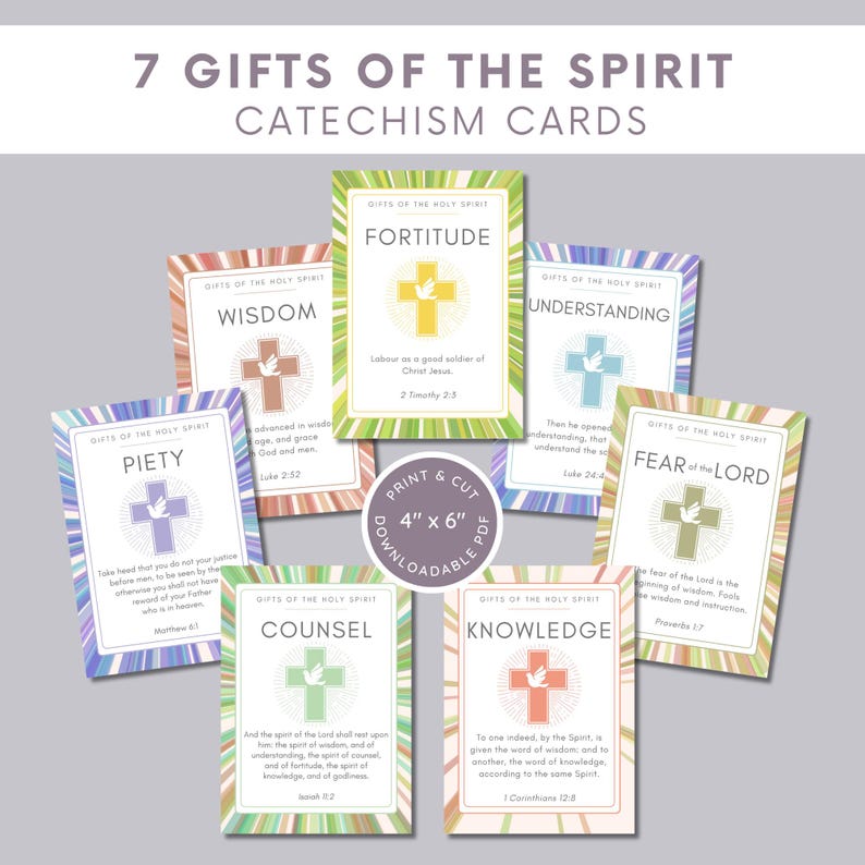 7 Gifts of the Holy Spirit Catechism Cards | Bible Verse | Virtue Cards ...