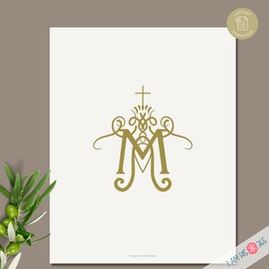 Auspice Maria Art Print: Gold Monogram, Catholic Home Decor (digital ...