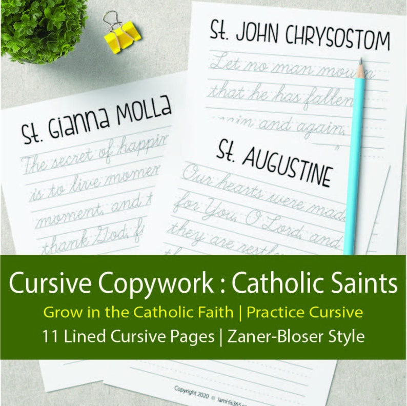 Cursive Handwriting Copy Work With Quote From Catholic Saints - Etsy
