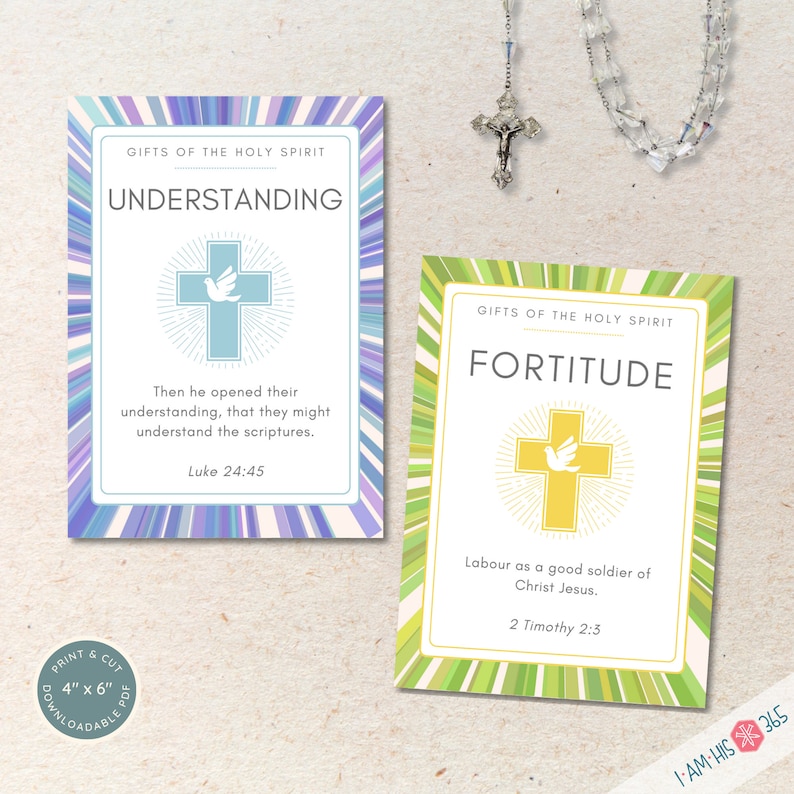 7 Gifts of the Holy Spirit Catechism Cards | Bible Verse | Virtue Cards ...