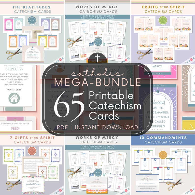 Printable Catechism Cards Catholic Mega-bundle 65 Works of Mercy 10 ...