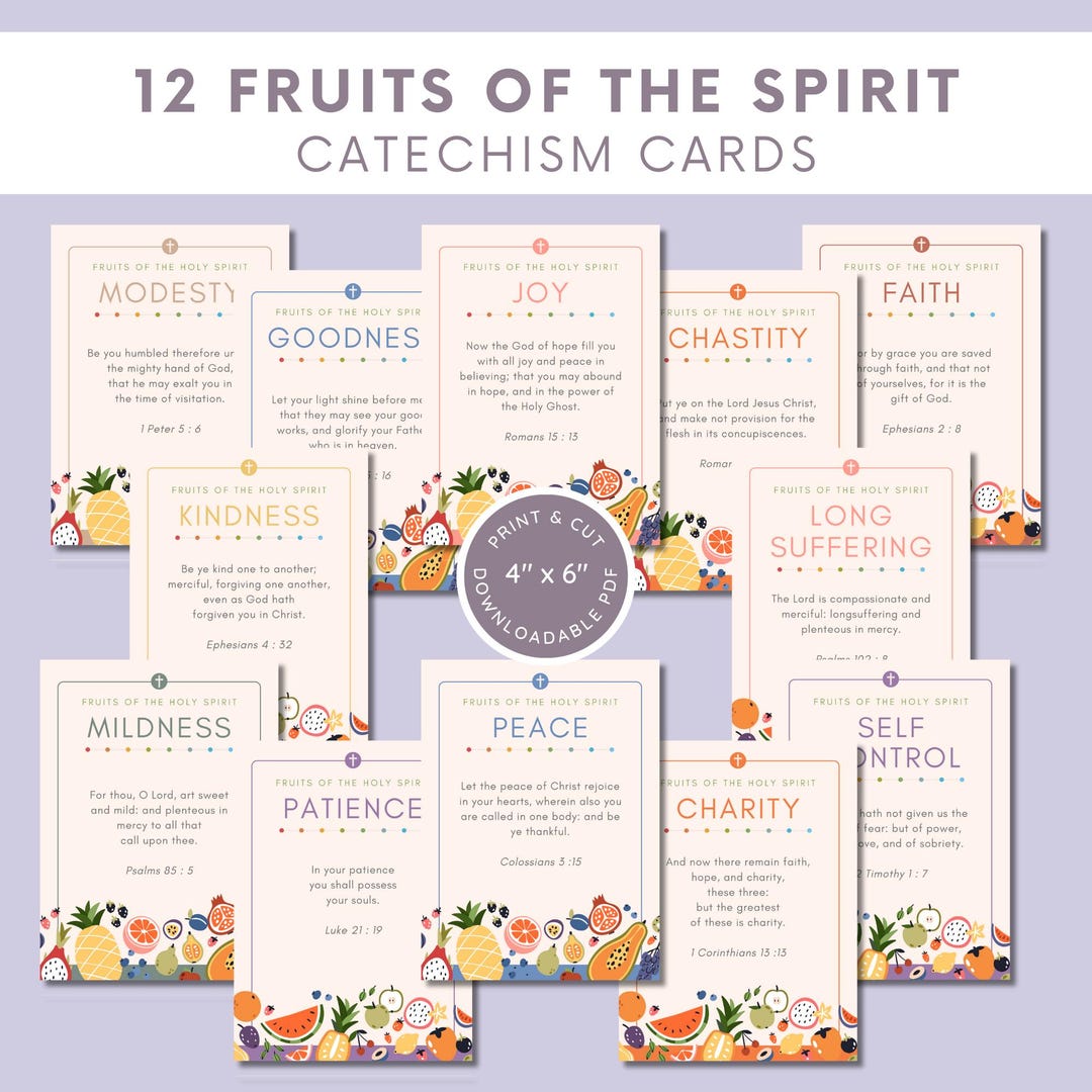Fruits of the Holy Spirit Catechism Cards: Catholic Bible Verse ...