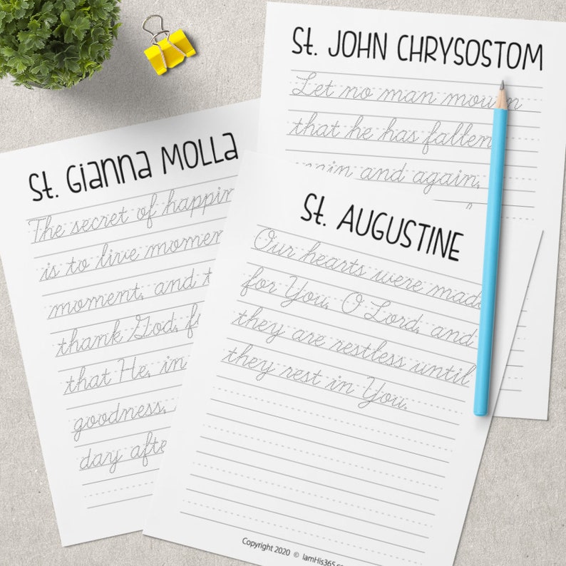 Cursive Handwriting Copy Work With Quote From Catholic Saints to ...