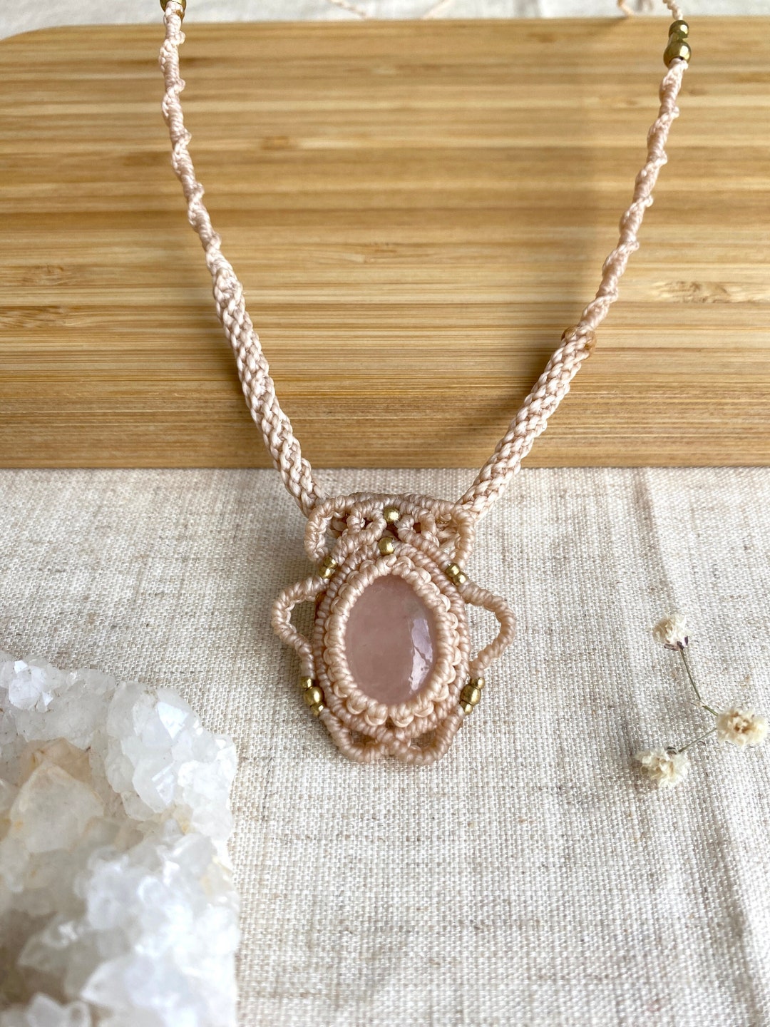 Rose Quartz Macrame Necklace / Dainty Macrame/ Rose Quartz Necklace ...