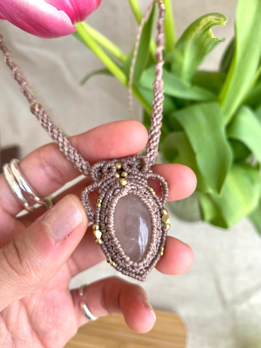 Rose Quartz Macrame Necklace / Dainty Macrame/ Rose Quartz Necklace ...