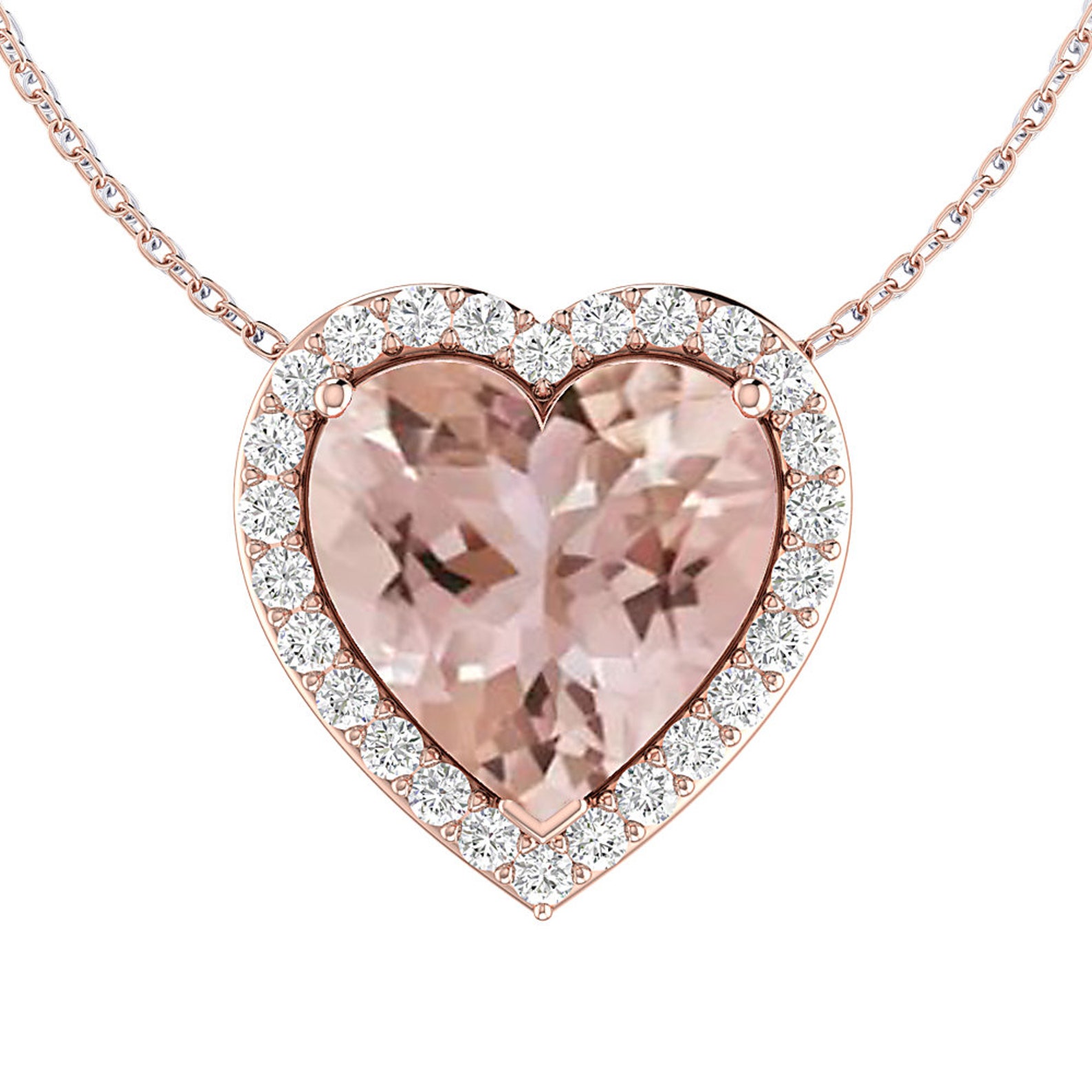 11MM Heart Shaped Morganite and Diamond Halo Pendant | Morganite Heart ...