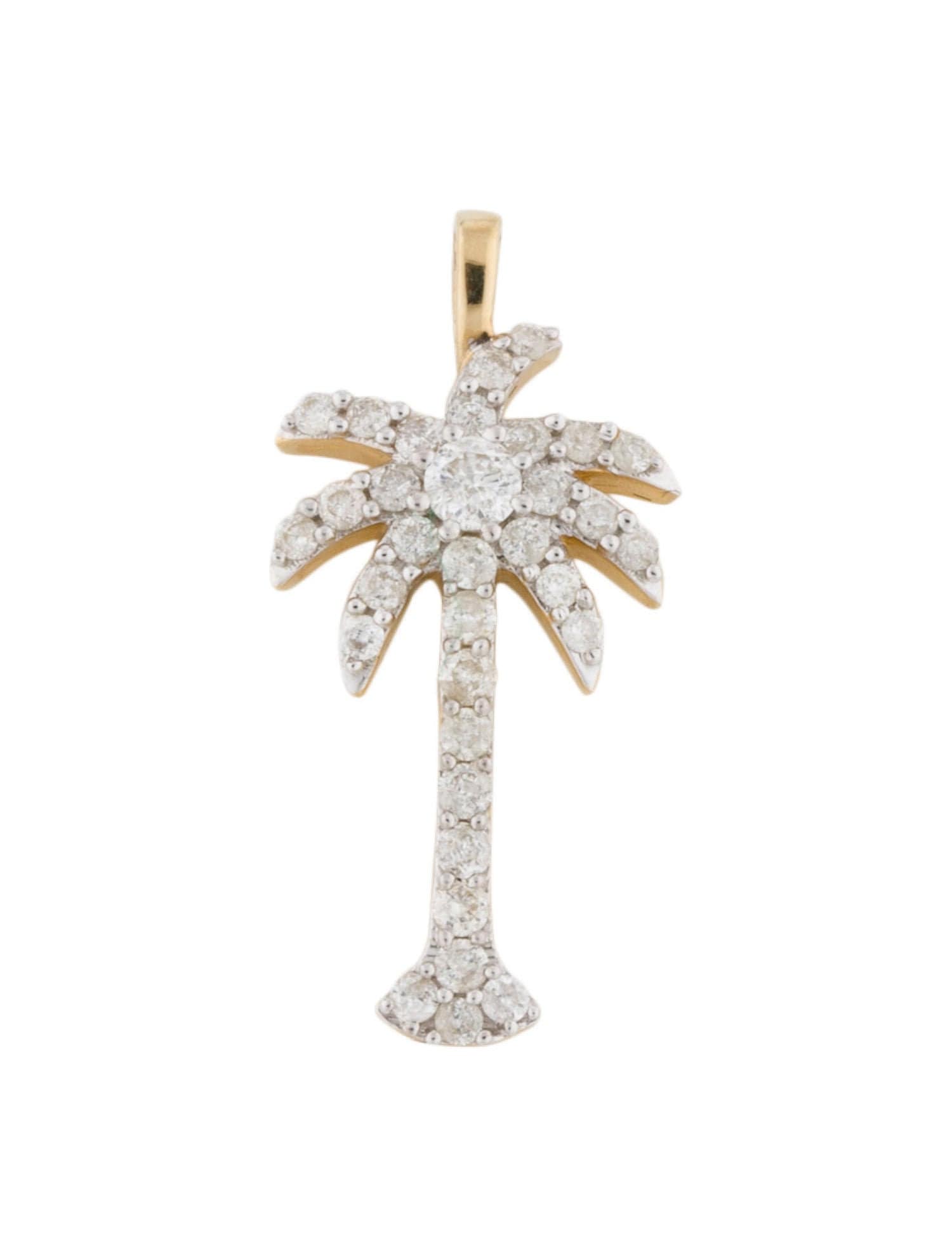 14K Yellow Gold Palm Tree Diamond Studded Pendant | Etsy