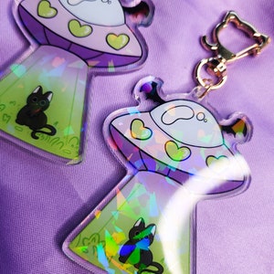 Sparkly UFO Keychain Alien Abduction Keychain Black Cat Keychain ...