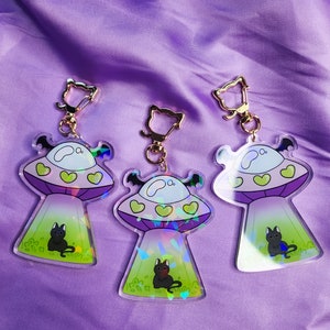 Sparkly UFO Keychain Alien Abduction Keychain Black Cat Keychain ...