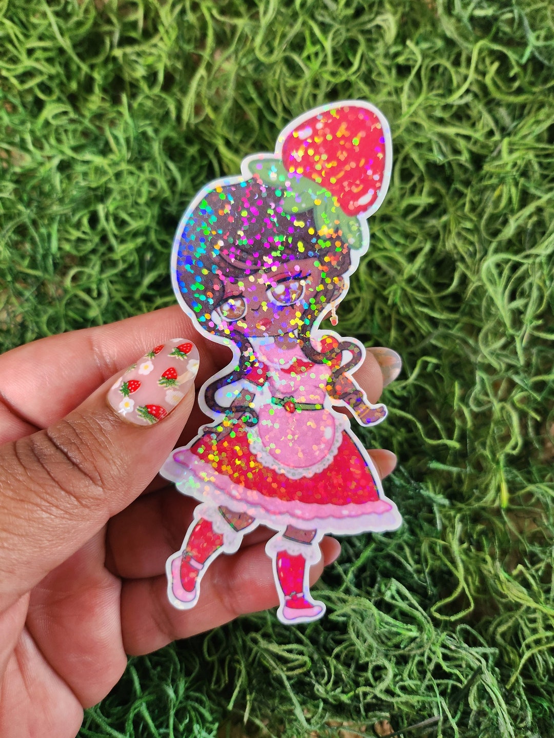 Strawberry Girl Glitter Vinyl Sticker Strawberry Stickers Kawaii ...