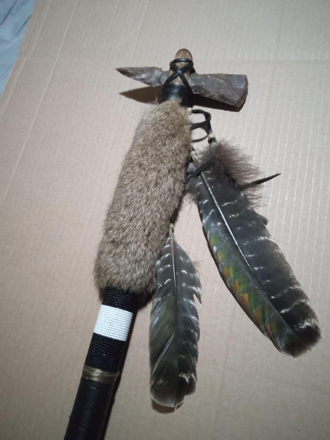 Stone Agate Tomahawk Club Adorned With Glass Beads and Feathers - Etsy