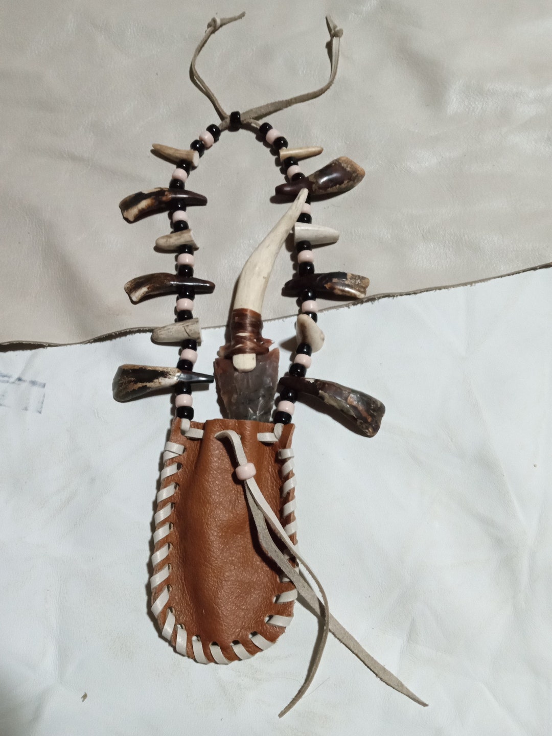 Stone Agate Dagger With Leather Pouch Necklace Adorned With Buffalo ...