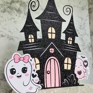 Cute Haunted House Cake Topper: With Girl Ghost, Pink Halloween, Spooky ...