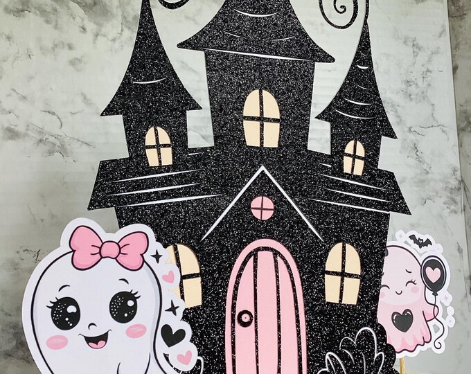 Cute Haunted House Cake Topper: With Girl Ghost, Pink Halloween, Spooky ...