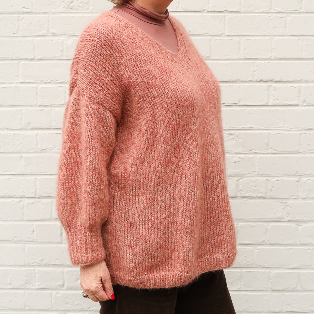 V-neck Knit Sweater Pattern for Women, Loose Knit Sweater Mohair, Women ...