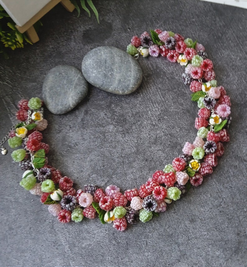 Women's Necklace "raspberry Branch" Ripe Raspberry, Flowers, Polymer ...
