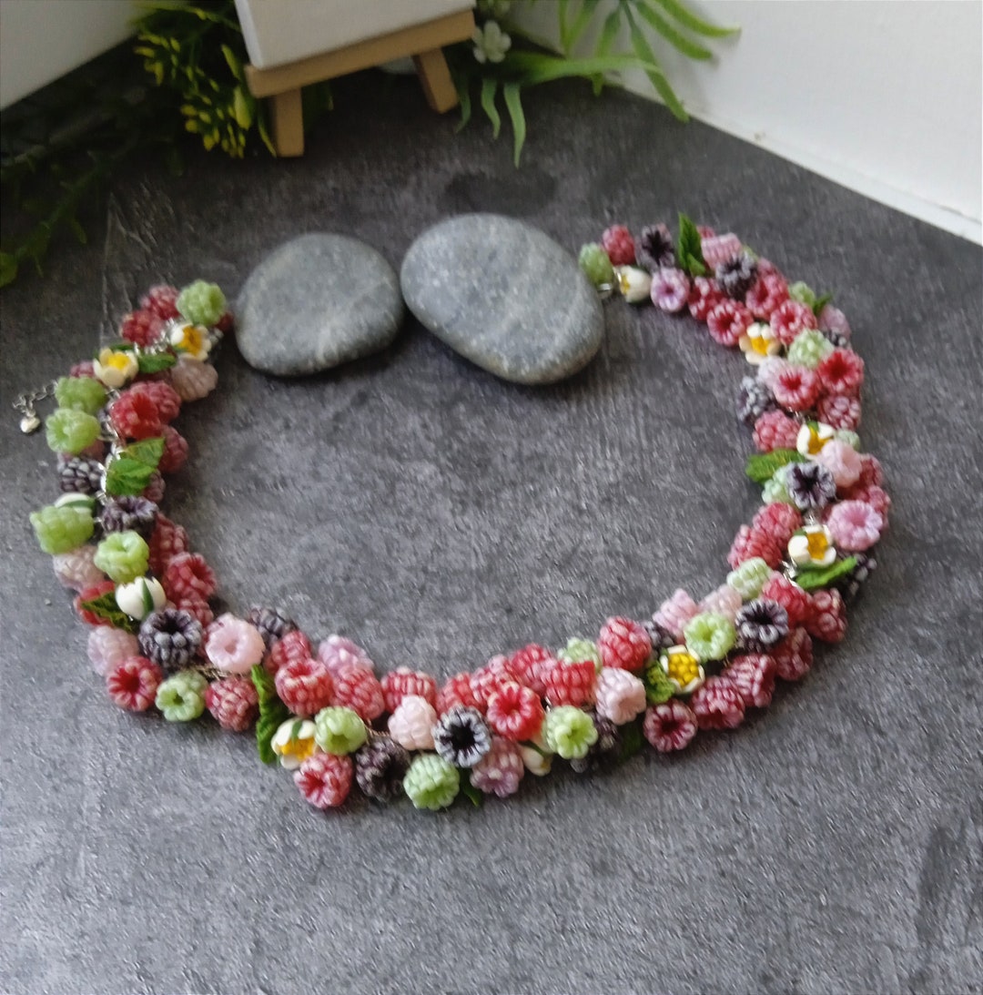 Women's Necklace "raspberry Branch" Ripe Raspberry, Flowers, Polymer ...