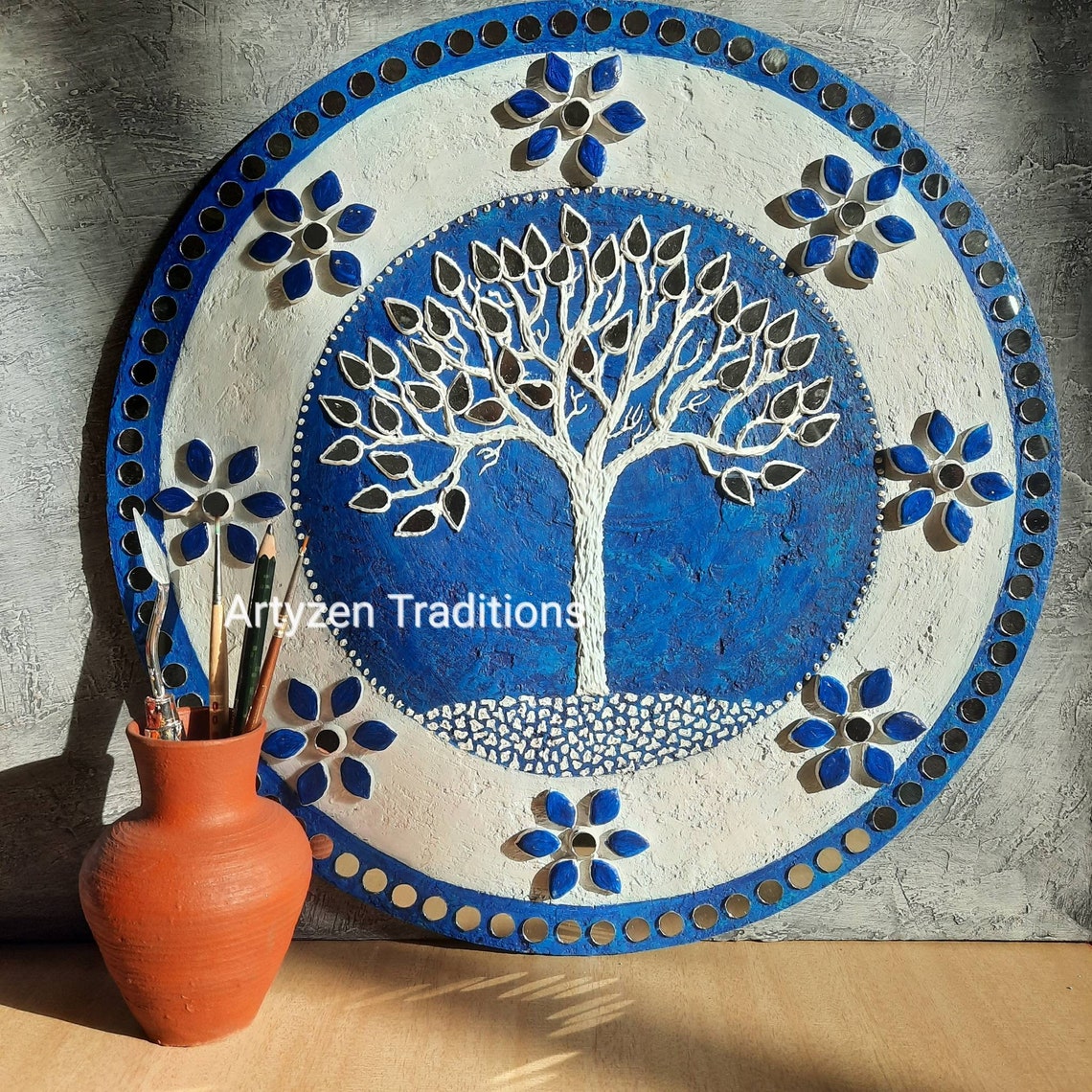 Lippan Mud Mirror Art on Textured Round MDF Board With Tree of - Etsy