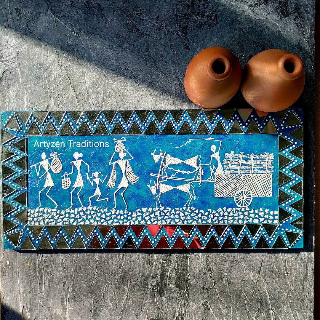India Folk Warli Tribal Art With Lippan Mirror Work Textured 3d Warli ...