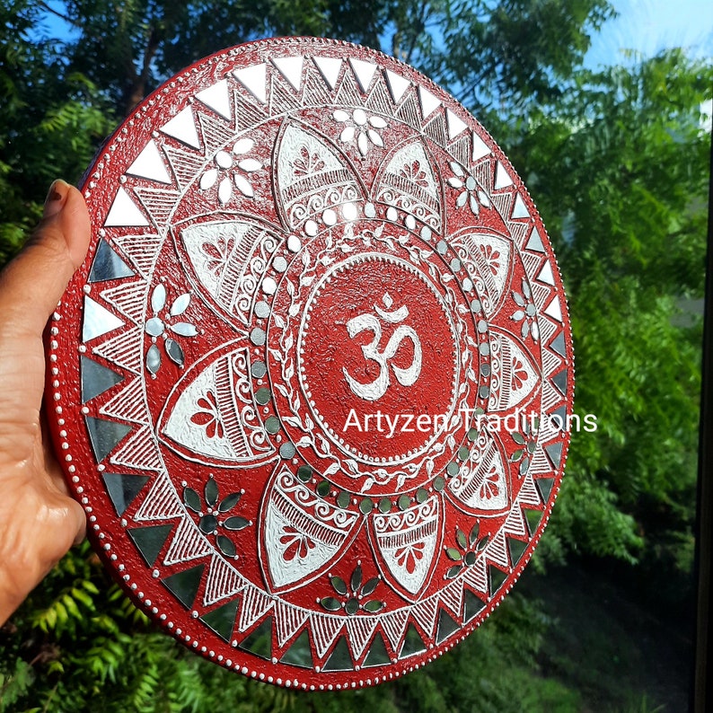 Om Aum Symbol Textured Mandala Art Canvas Painting Red and White Unique ...
