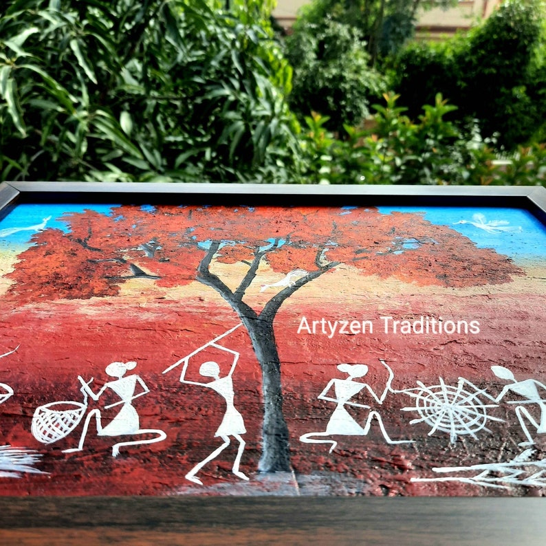 Warli Art Depicting Tree of Life on Stretched Canvas Board Using ...