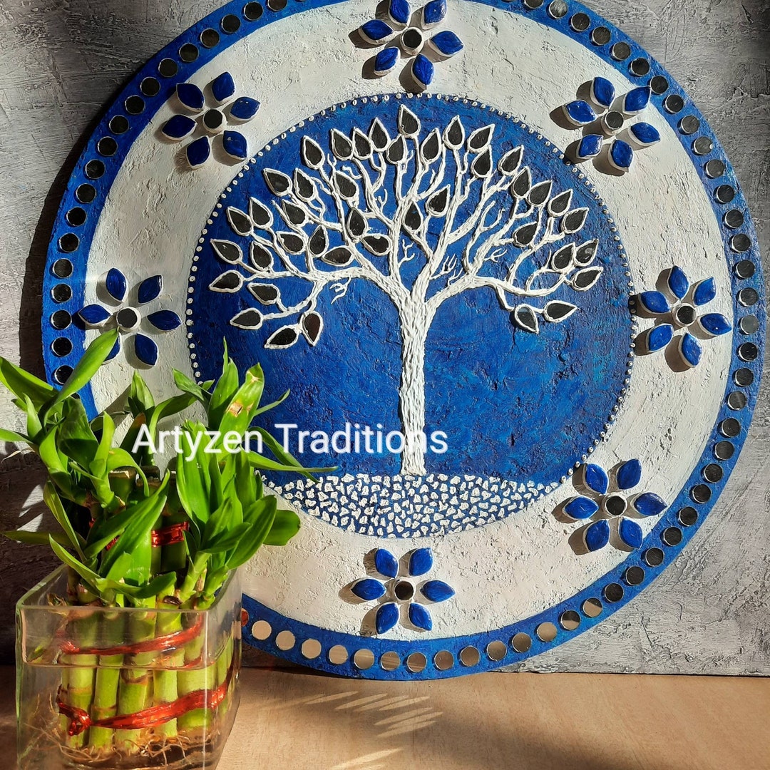 Lippan Mud Mirror Art on Textured Round MDF Board With Tree of Life ...