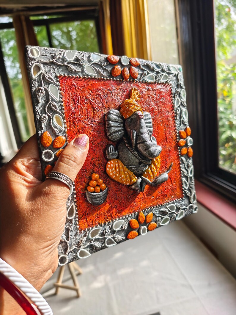 Ganesha Wall Art Black Red | 3D Clay Lippan Mural | Ganpati Spiritual ...