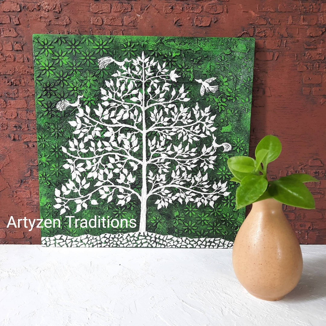 Handmade Indian Folk Art Warli Painting: Tree of Life Textured Nature ...