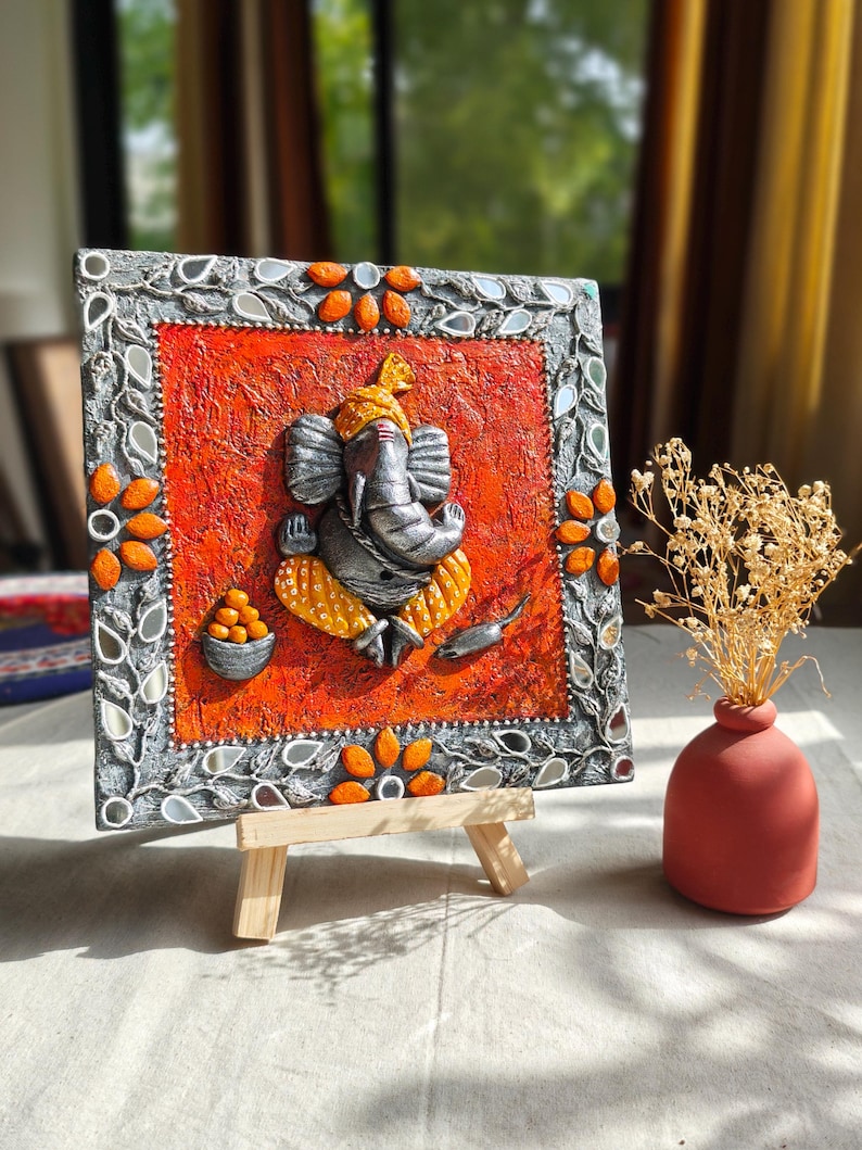 Ganesha Wall Art Black Red | 3D Clay Lippan Mural | Ganpati Spiritual ...