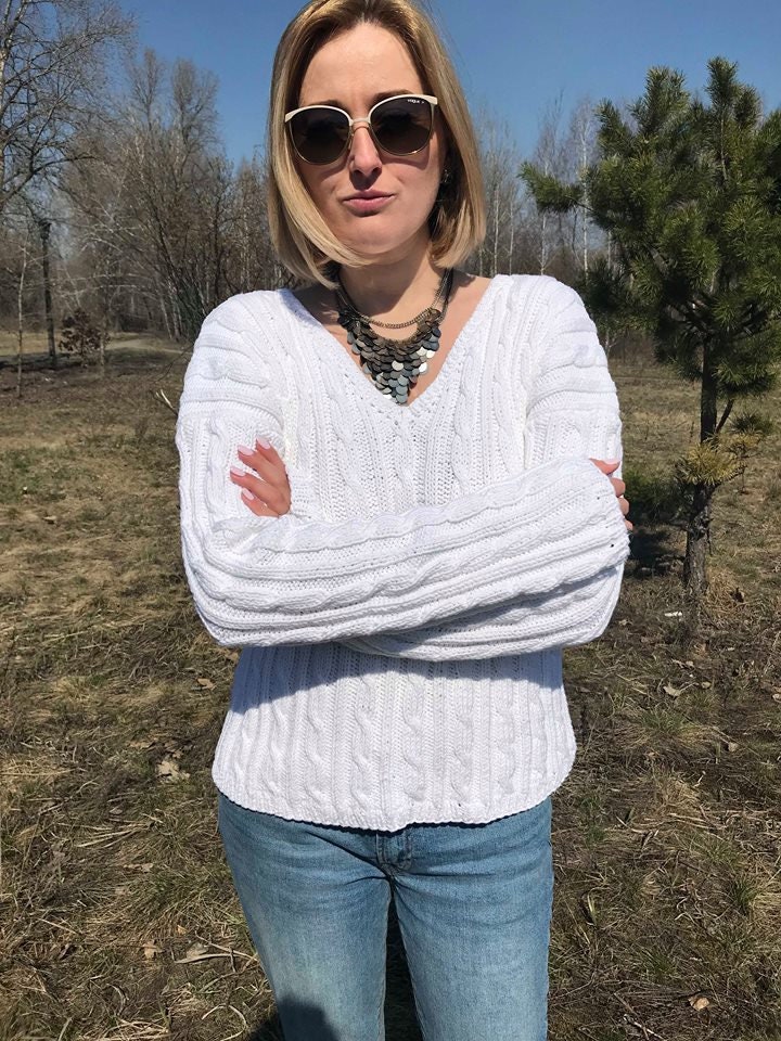 Pure White Sweater Cotton Knitted Braided Pullover With - Etsy
