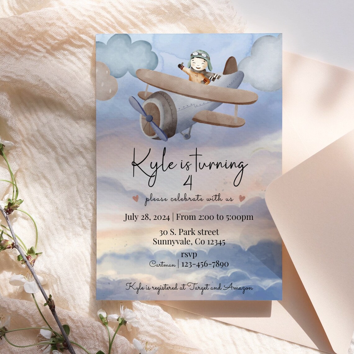 Boy Airplane Birthday Invitation Template, Boy Airplane Sky, Birthday ...