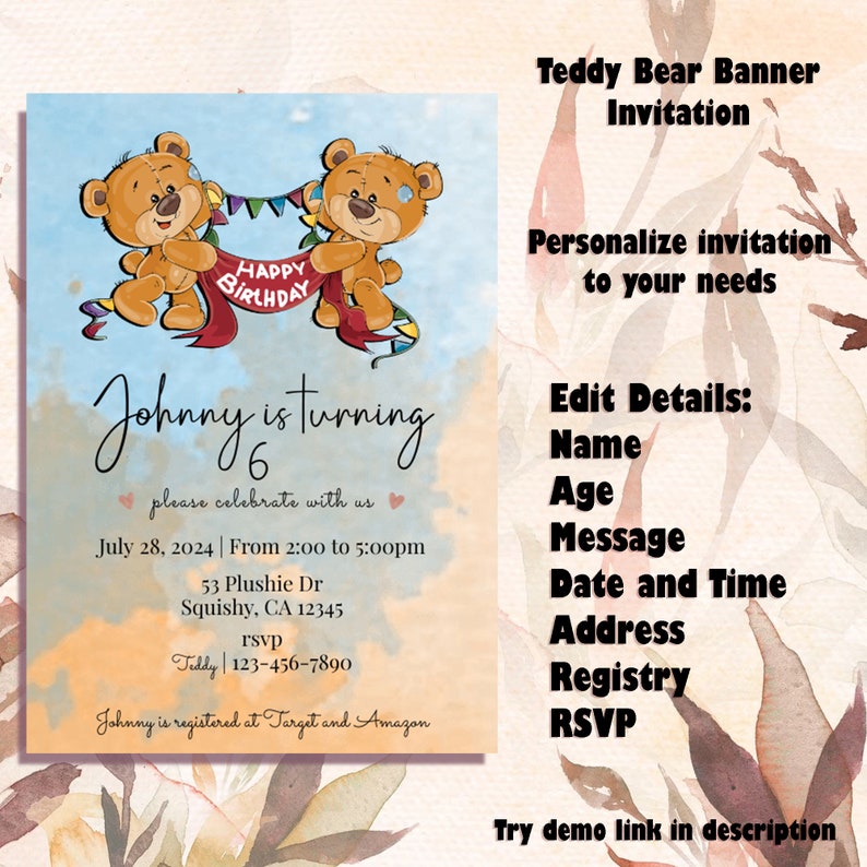 Teddy Bear Banner Birthday Invitation Template, Teddy Bear Banner ...