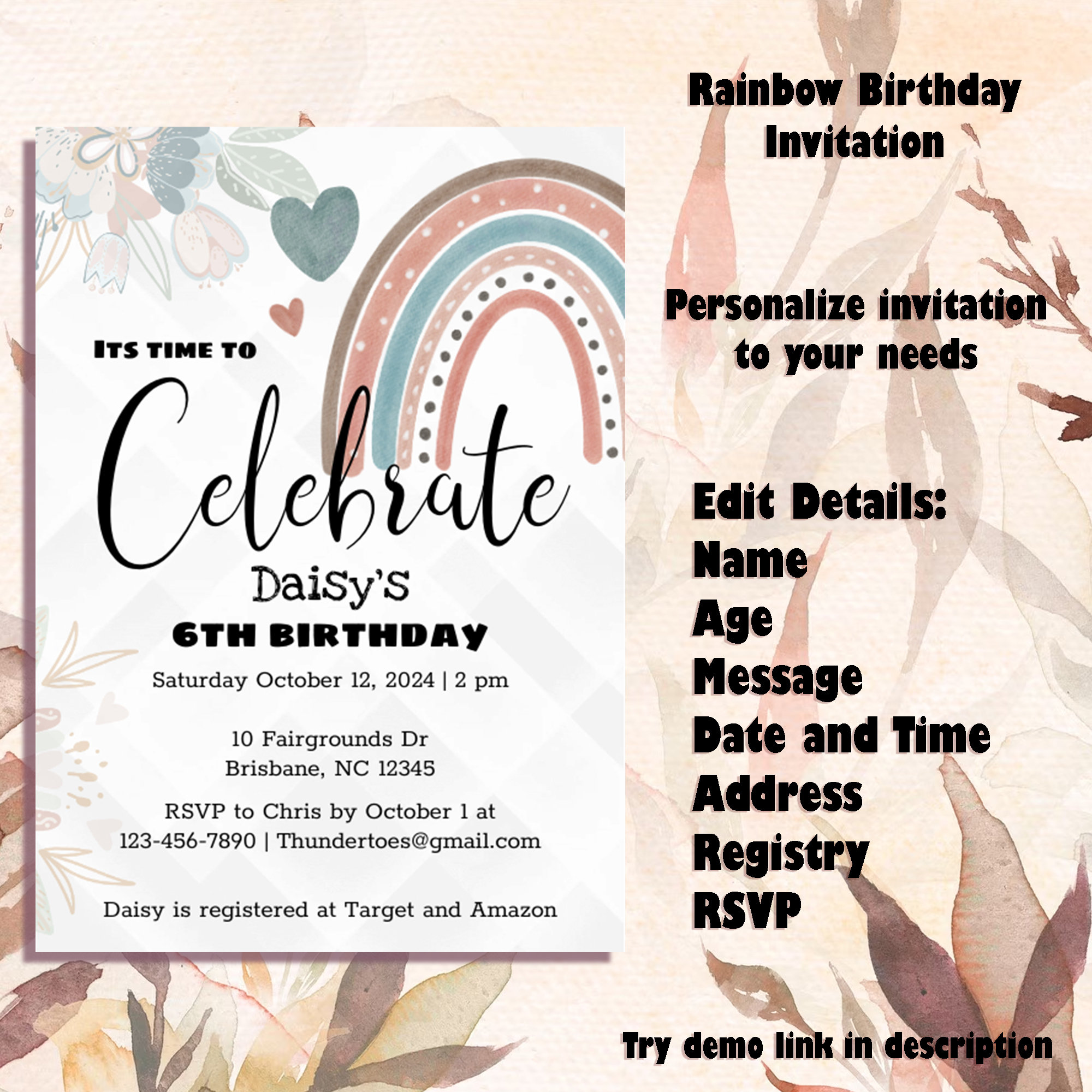 Boho Rainbow Invitation Template, Boho Rainbow, Boho Rainbow Invite ...