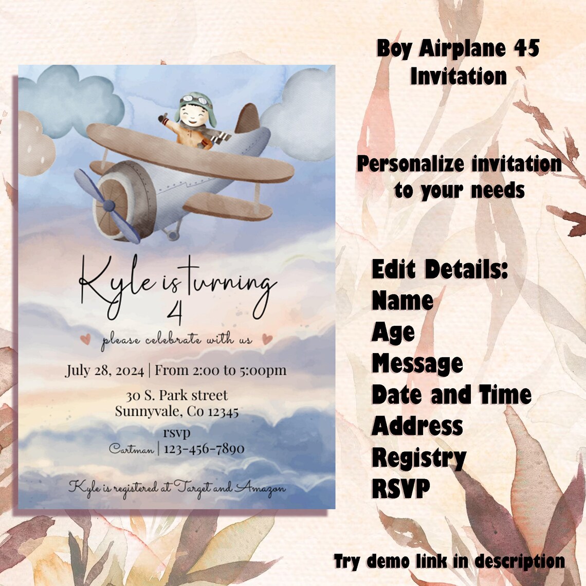 Boy Airplane Birthday Invitation Template, Boy Airplane Sky, Birthday ...