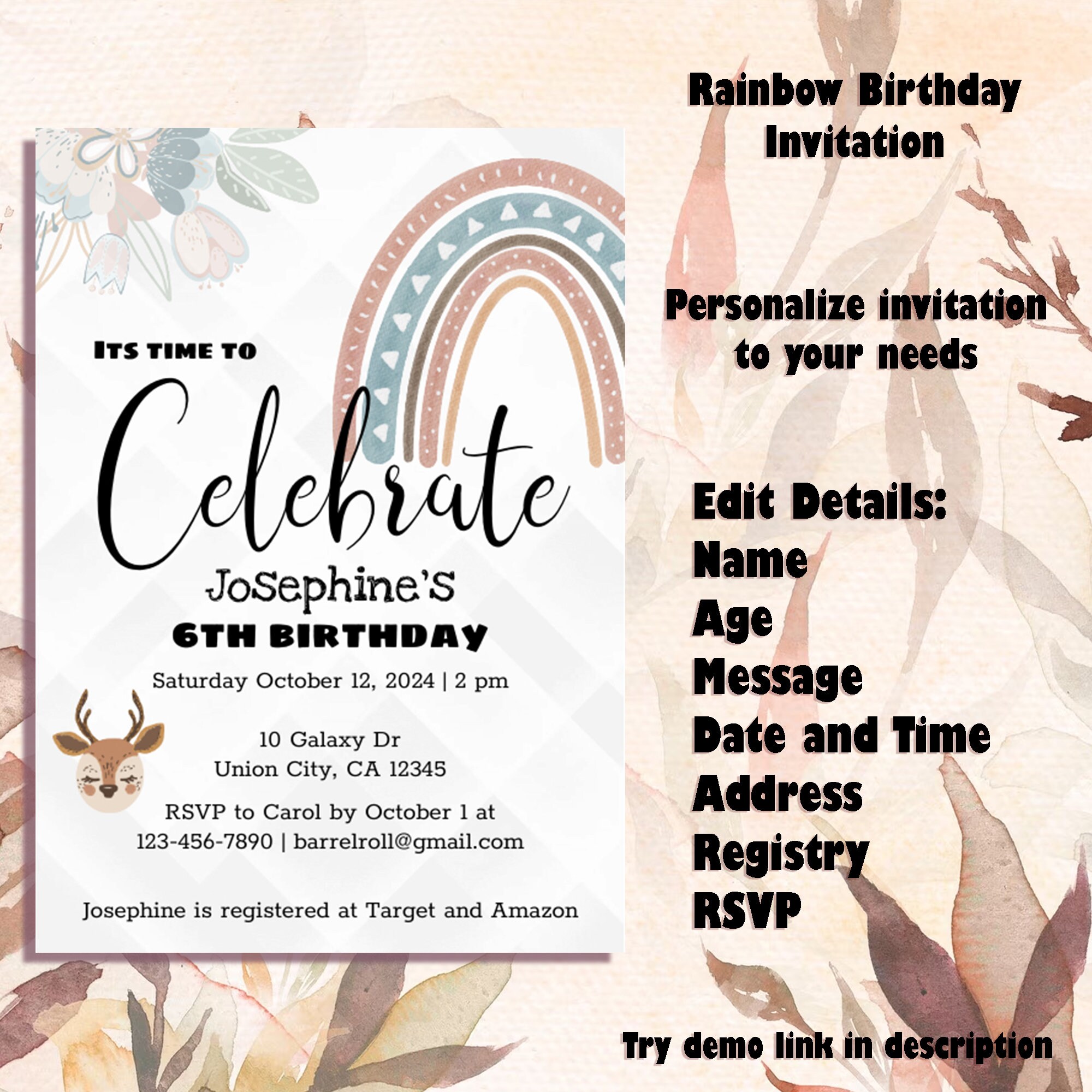 Boho Rainbow Invitation Template, Boho Rainbow, Boho Rainbow Invite ...