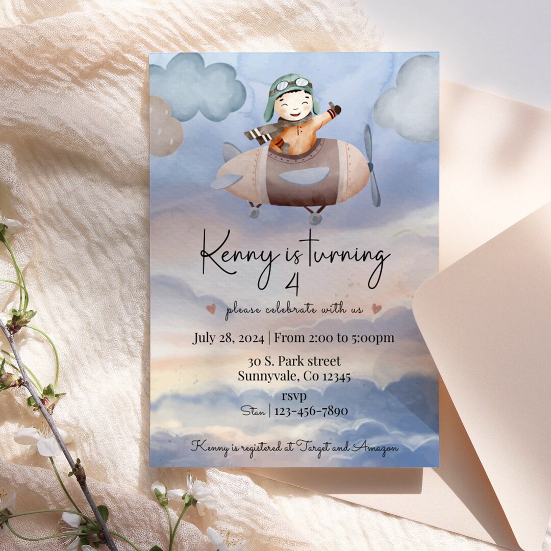 Boy Airplane Birthday Invitation Template, Boy Airplane Sky, Birthday ...