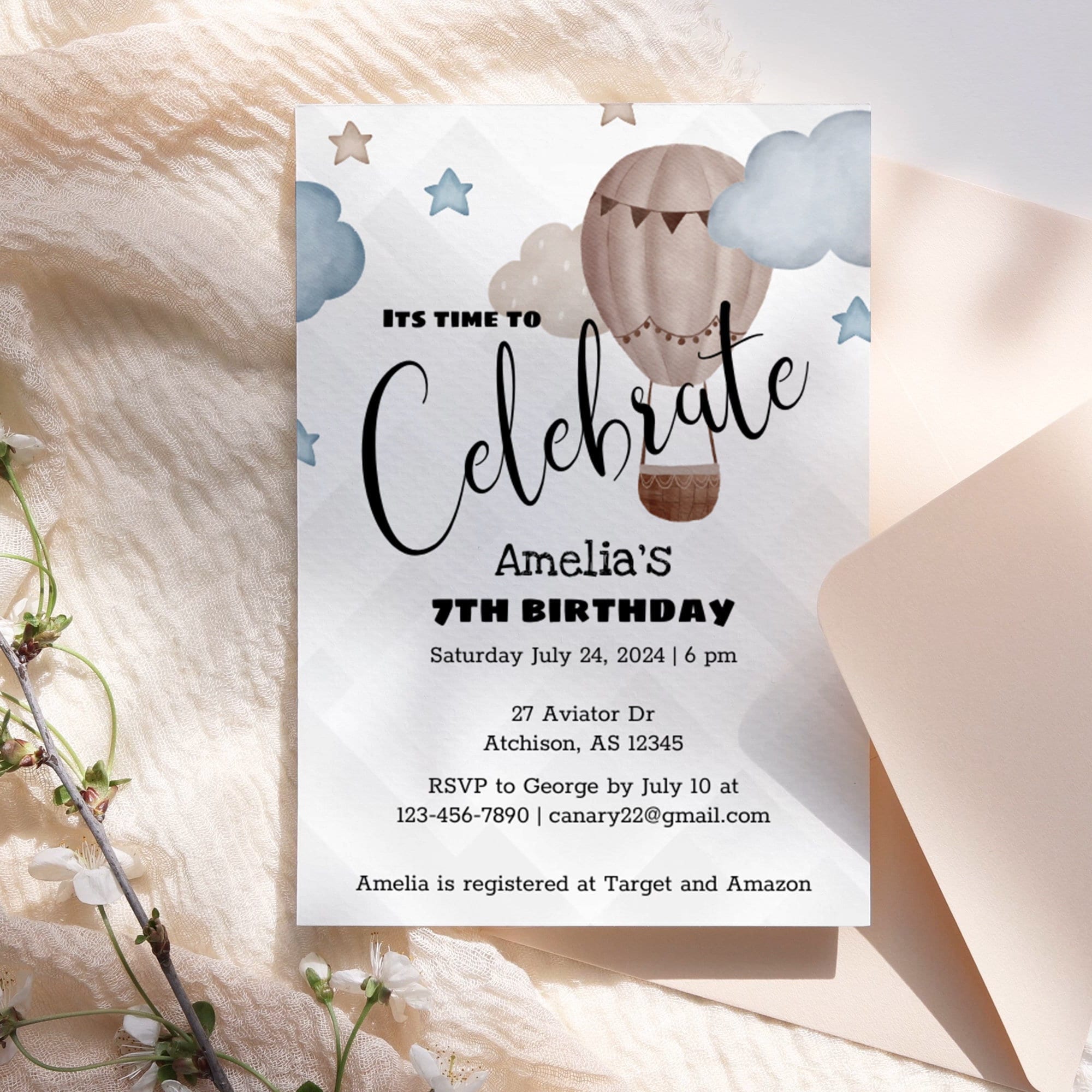 Hot Air Balloon Invitation Template, Air Balloon, Birthday Air Balloon ...