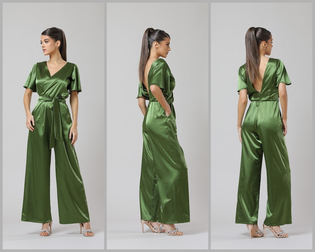 Jumpsuit, Satin Jumpsuit, Olive Green Jumpsuit Wide Leg Flare Sleeve ...