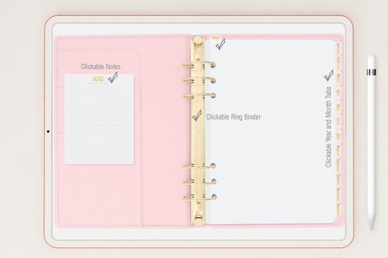 Interactive Undated Digital Planner, Pink Gold Planner, Digital Journal ...